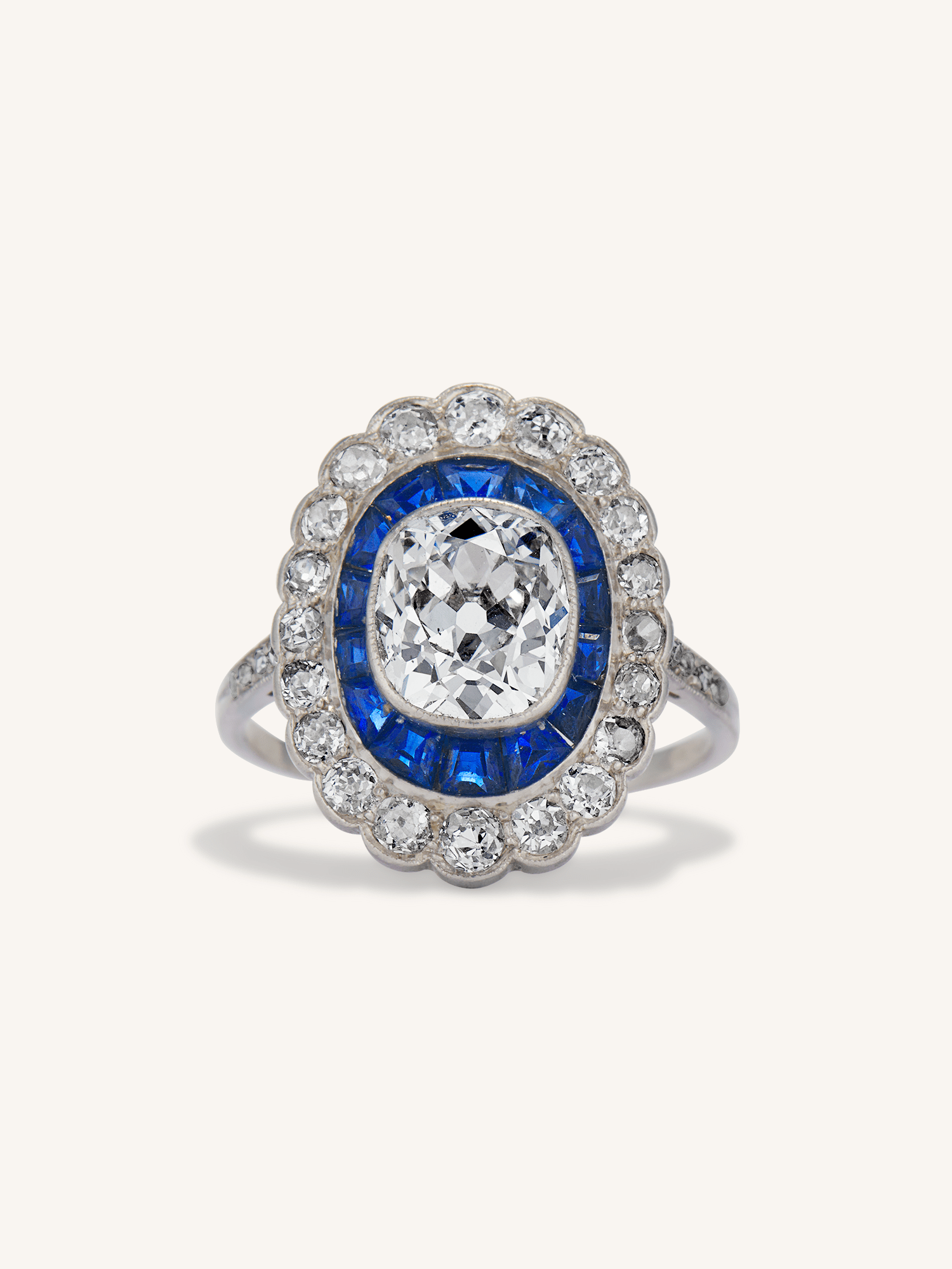 Art Deco Old Mine Cushion Cut Diamond & Sapphire Vintage Engagement Ri ...