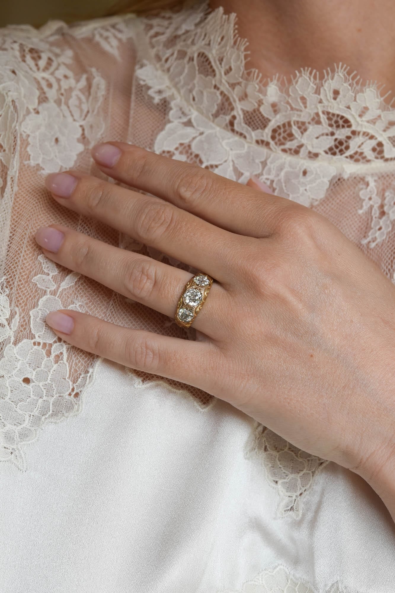 Victorian Engraved Three Stone Antique Engagement Ring – Erstwhile